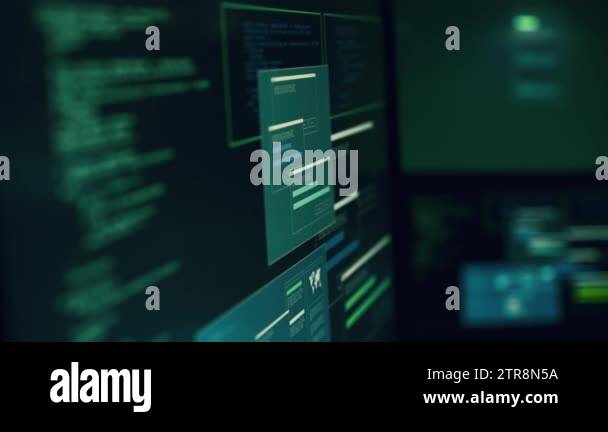 Developer and hacker hidden workstation: multiple screens and connected computers on a desktop ...