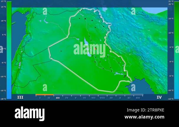Minimum temperature by month in the Iraq area with animated legend ...