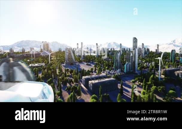 futuristic passenger bus flying over the city, town. Architecture of ...