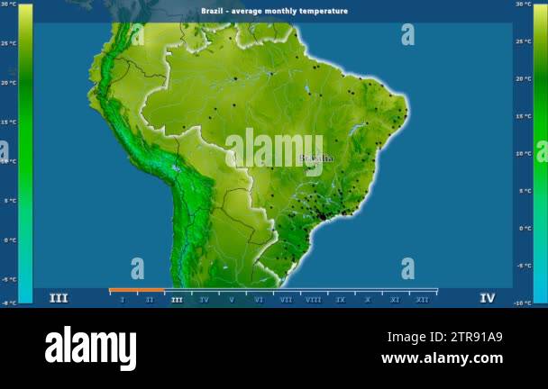 Average temperature by month in the Brazil area with animated legend - English labels: country ...