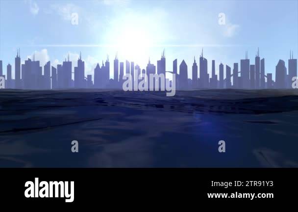 Cityscape skyline ocean rising sea level silhouette skyscraper future ...