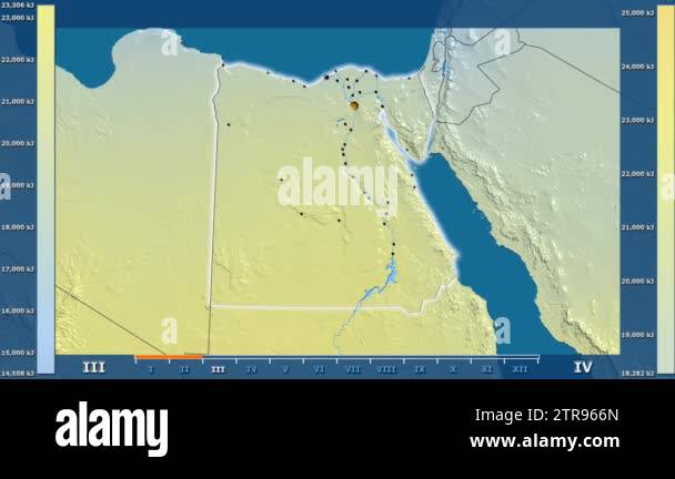 Solar radiation by month in the Egypt area with animated legend ...