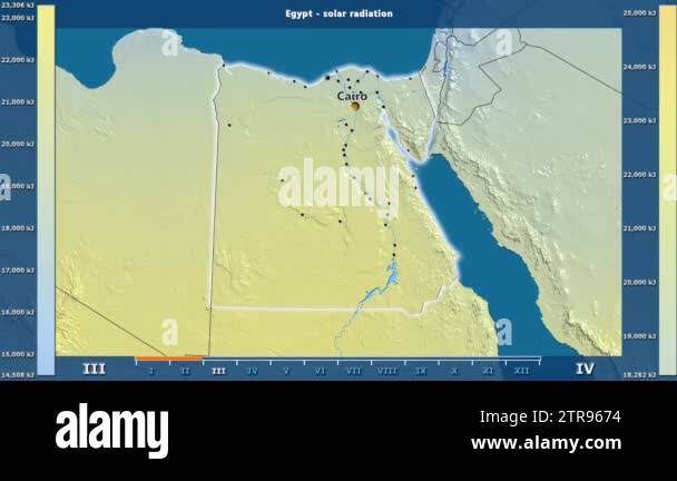 Solar radiation by month in the Egypt area with animated legend ...