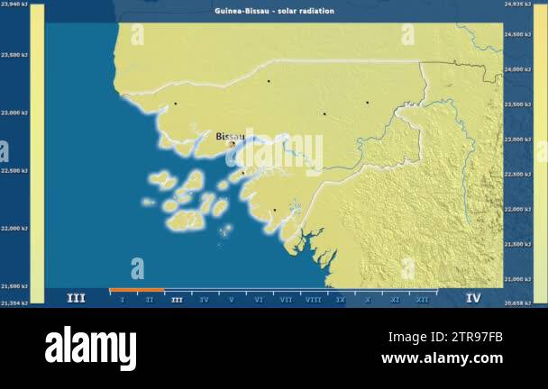 Solar radiation by month in the Guinea Bissau area with animated legend - English labels ...