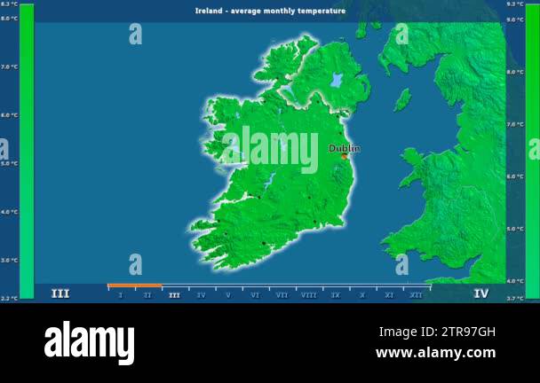 Average temperature by month in the Ireland area with animated legend - English labels: country ...