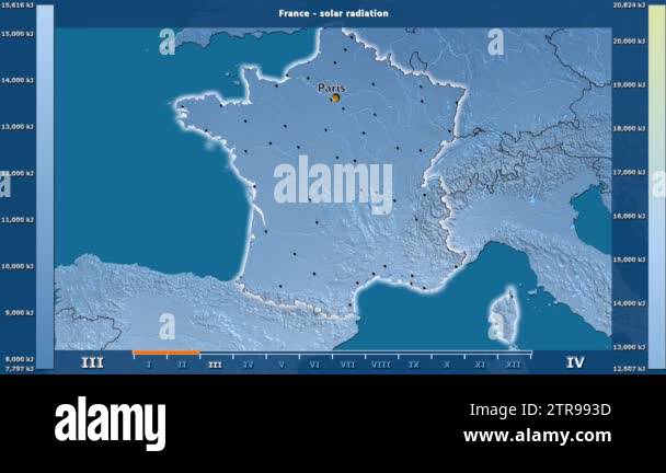 Solar radiation by month in the France area with animated legend ...