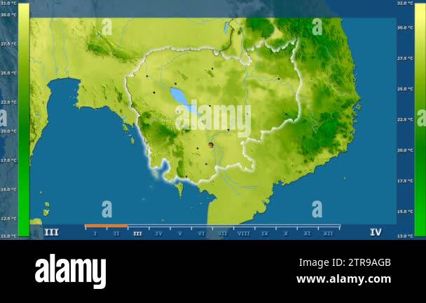 Average temperature by month in the Cambodia area with animated legend ...