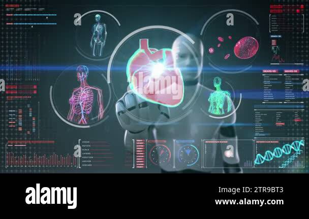 Robot, cyborg touching digital screen, Female body scanning blood ...