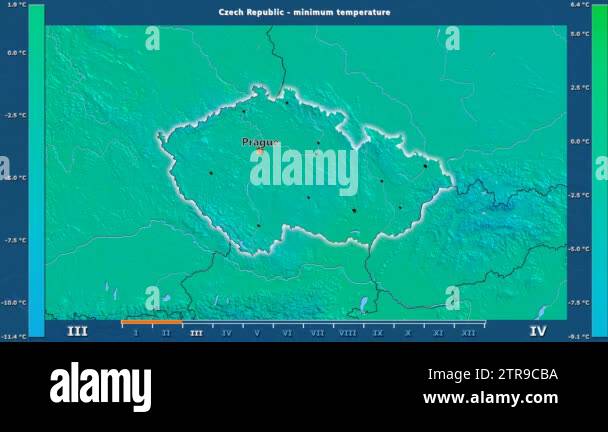 Minimum temperature by month in the Czech Republic area with animated legend - English labels ...