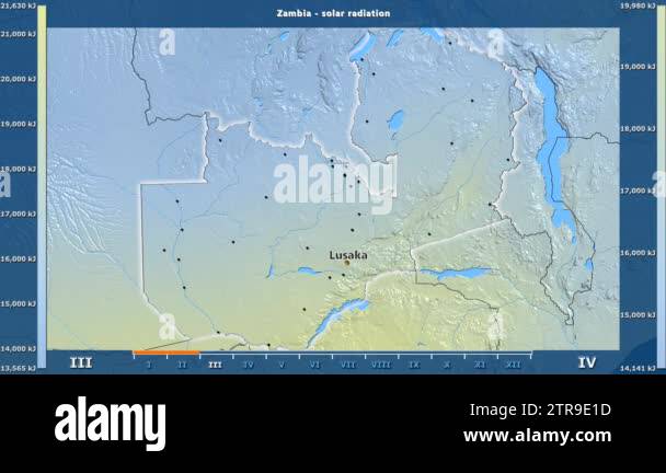 Solar radiation by month in the Zambia area with animated legend ...
