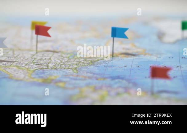 Pins mark cities and towns in countries on world map, mobile network ...