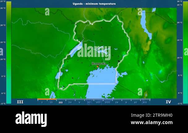 Minimum temperature by month in the Uganda area with animated legend ...