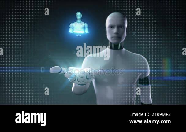 Robot cyborg open palm, Scanning rotating 3D robot body in digital ...