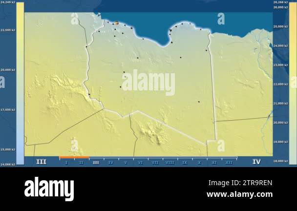 Solar radiation by month in the Libya area with animated legend ...
