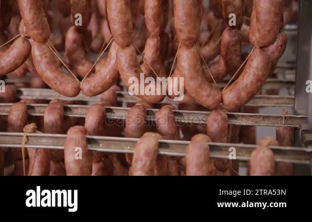 Sausages in the factory freezer storage. Ready, made meet ptoducts at a ...