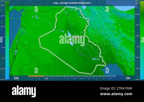 Average temperature by month in the Iraq area with animated legend - English labels: country and ...