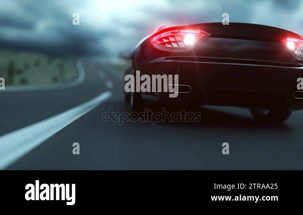 Black sport car on road, highway. Very fast driving. Dark environment ...