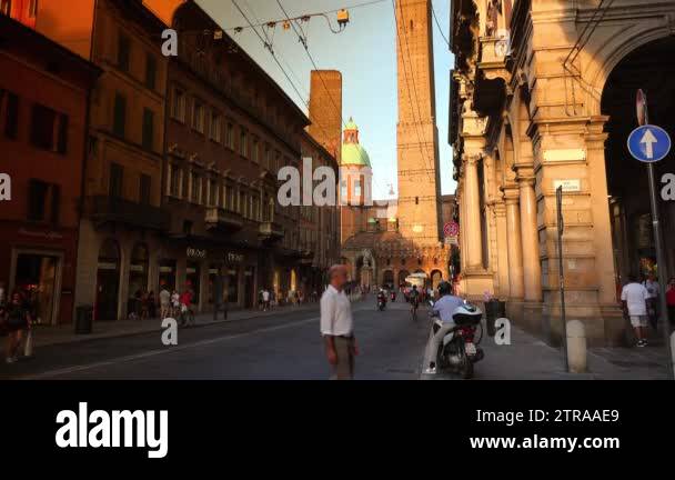 Bologna, Italy - circa 2018: Via Rizzoli street view with famous Two ...