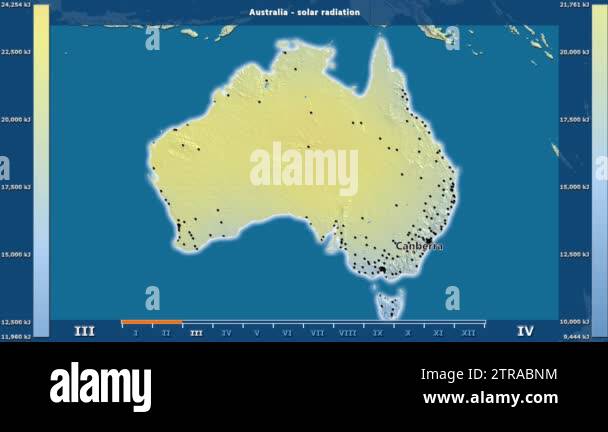 Solar radiation by month in the Australia area with animated legend ...