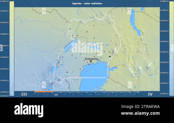 Solar radiation by month in the Uganda area with animated legend ...