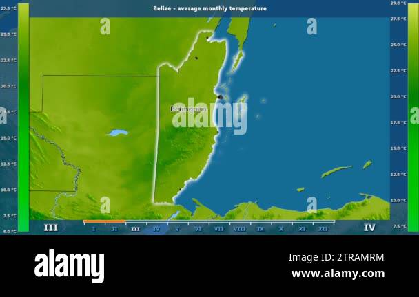 Average temperature by month in the Belize area with animated legend - English labels: country ...