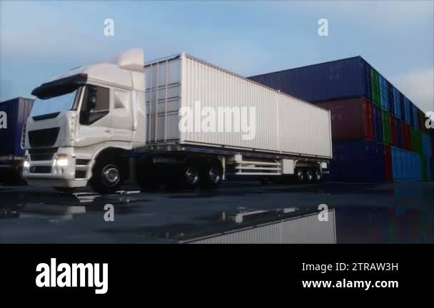 Truck in container depot, wharehouse, seaport. Cargo containers ...