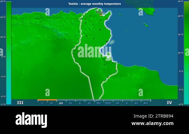 Average temperature by month in the Tunisia area with animated legend - English labels: country ...
