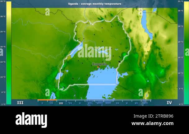 Average temperature by month in the Uganda area with animated legend - English labels: country ...