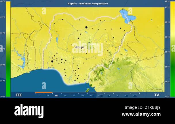 Maximum temperature by month in the Nigeria area with animated legend ...