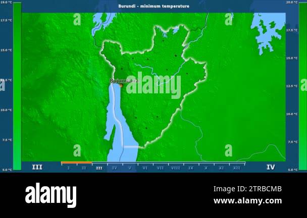 Minimum temperature by month in the Burundi area with animated legend - English labels: country ...