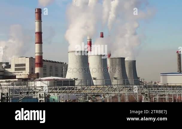 Coal burning power plant with smoke stacks, Moscow, Russia Stock Video ...