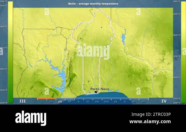 Average temperature by month in the Benin area with animated legend - English labels: country ...