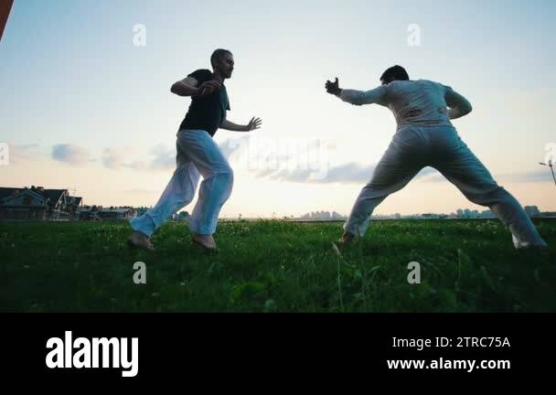 Two athletic men fighting on the grass, one of them knocked the other ...