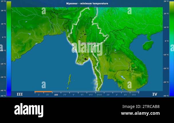 Minimum temperature by month in the Myanmar area with animated legend ...