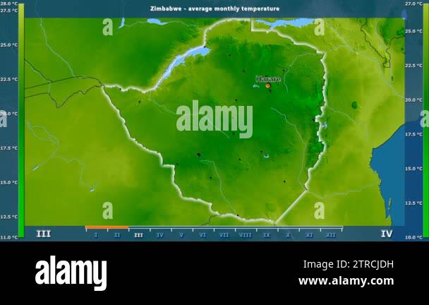 Average temperature by month in the Zimbabwe area with animated legend - English labels: country ...