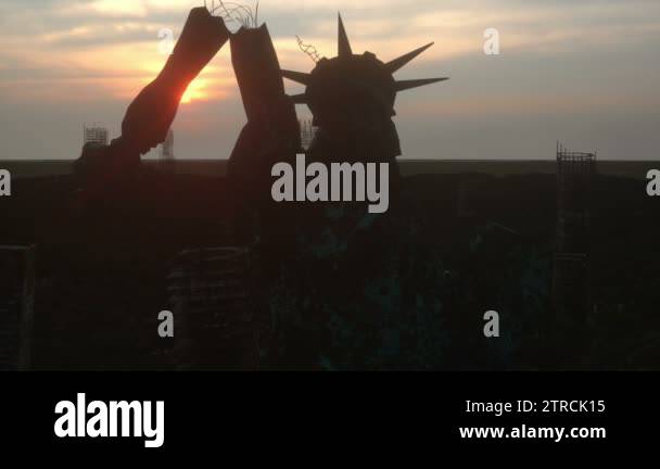 Apocalypse of USA, America. Aerial View of the destroyed New York city ...