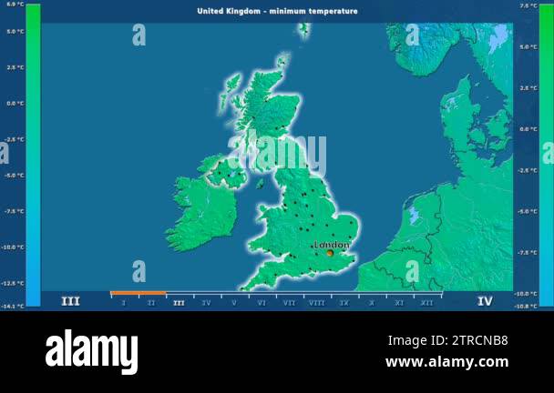 Minimum temperature by month in the United Kingdom area with animated ...