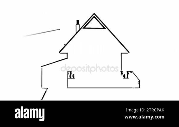 Fast animated pencil sketch of a family house in landscape, black and ...