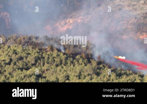 Fire fighting plane spraying fire extinguisher on burning forest, Mount ...