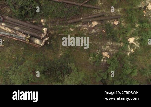 AERIAL CLOSE UP Flying above red logging tractor with loaded trailer ...