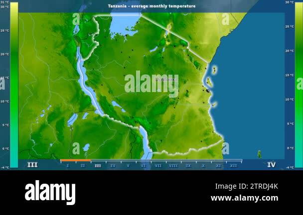 Average temperature by month in the Tanzania area with animated legend - English labels: country ...