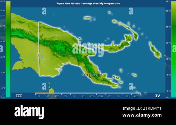 Average temperature by month in the Papua New Guinea area with animated legend - English labels ...