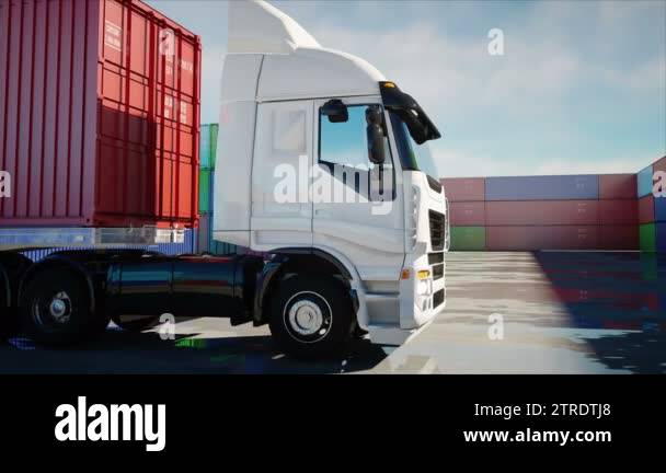 Truck in container depot, wharehouse, seaport. Cargo containers ...
