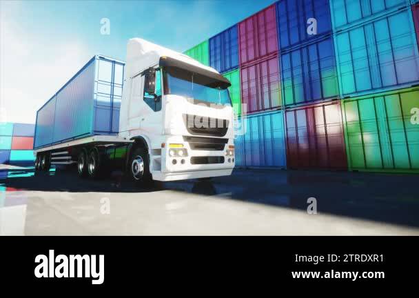 Truck in container depot, wharehouse, seaport. Cargo containers ...