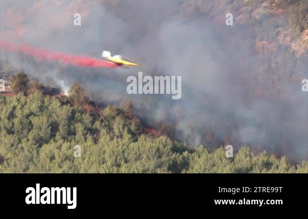 Fire fighting plane spraying fire extinguisher on burning forest, Mount ...