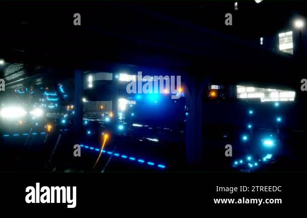 Flight over night futuristic city. Concept of future. Realistic 4K ...