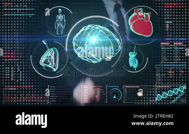 Businessman touching digital screen, Scanning brain, heart, lungs ...