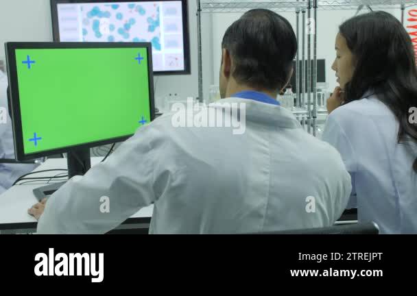 Two medical research scientists looking at green screen in the modern ...