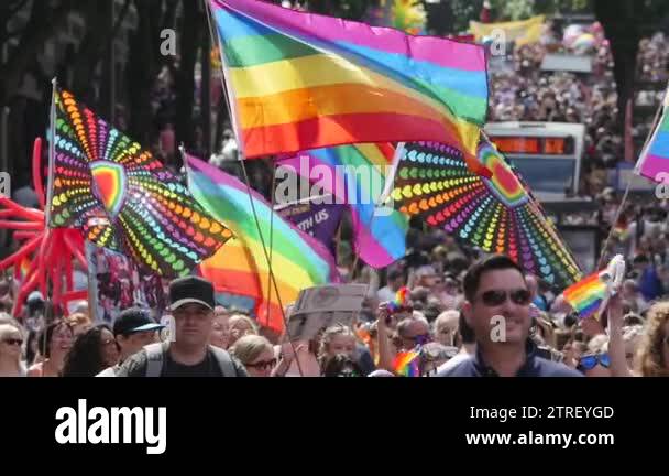 Pride Parade Marching With LGBT Rainbow Flags, Bristol UK Stock Video ...
