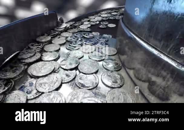 Process of production of coins, 25 cents. Industrial concept. Factory ...